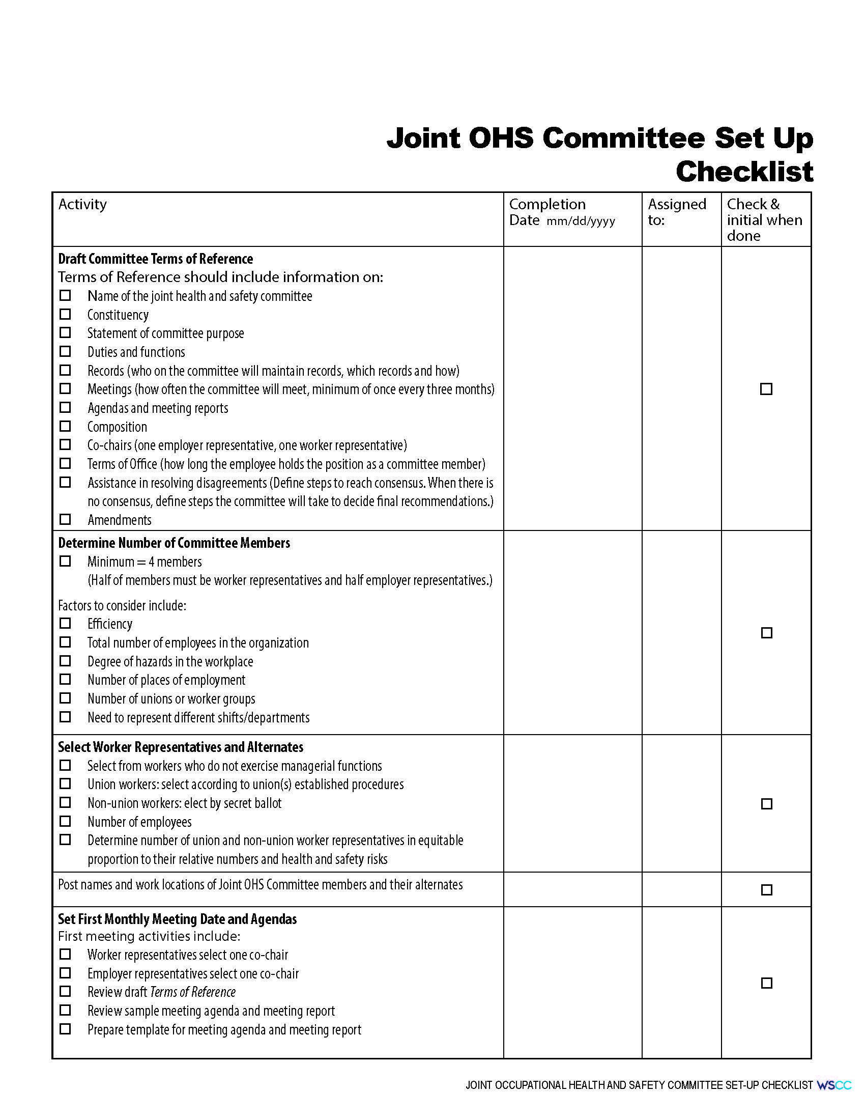 Joint OHS Committee Set Up Checklist | WSCC | Workers' Safety and ...