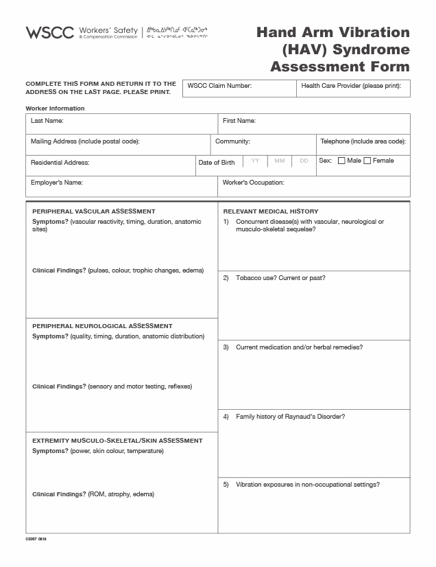 Hand Arm Vibration (HAV) Syndrome Assessment Form | WSCC | Workers ...
