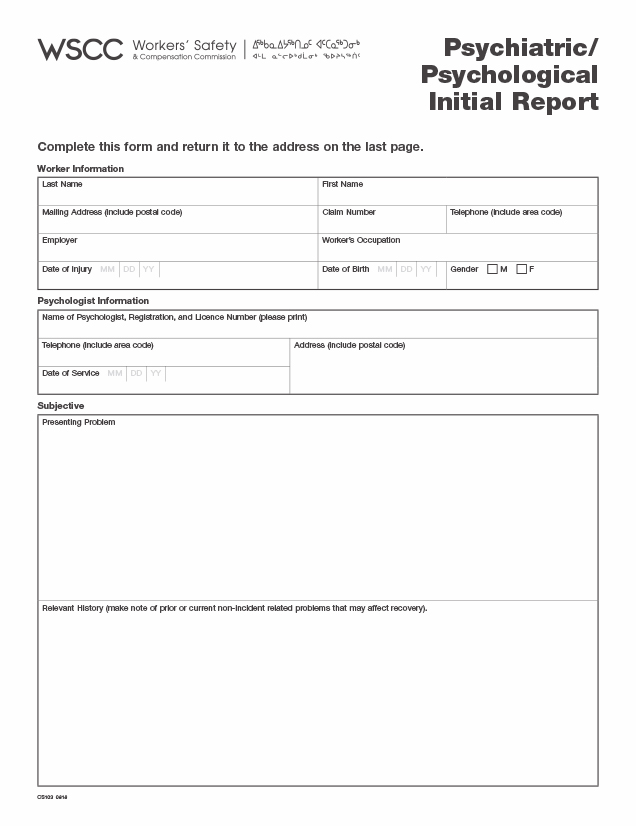Psychiatric/Psychological Initial Report | WSCC | Workers' Safety and ...