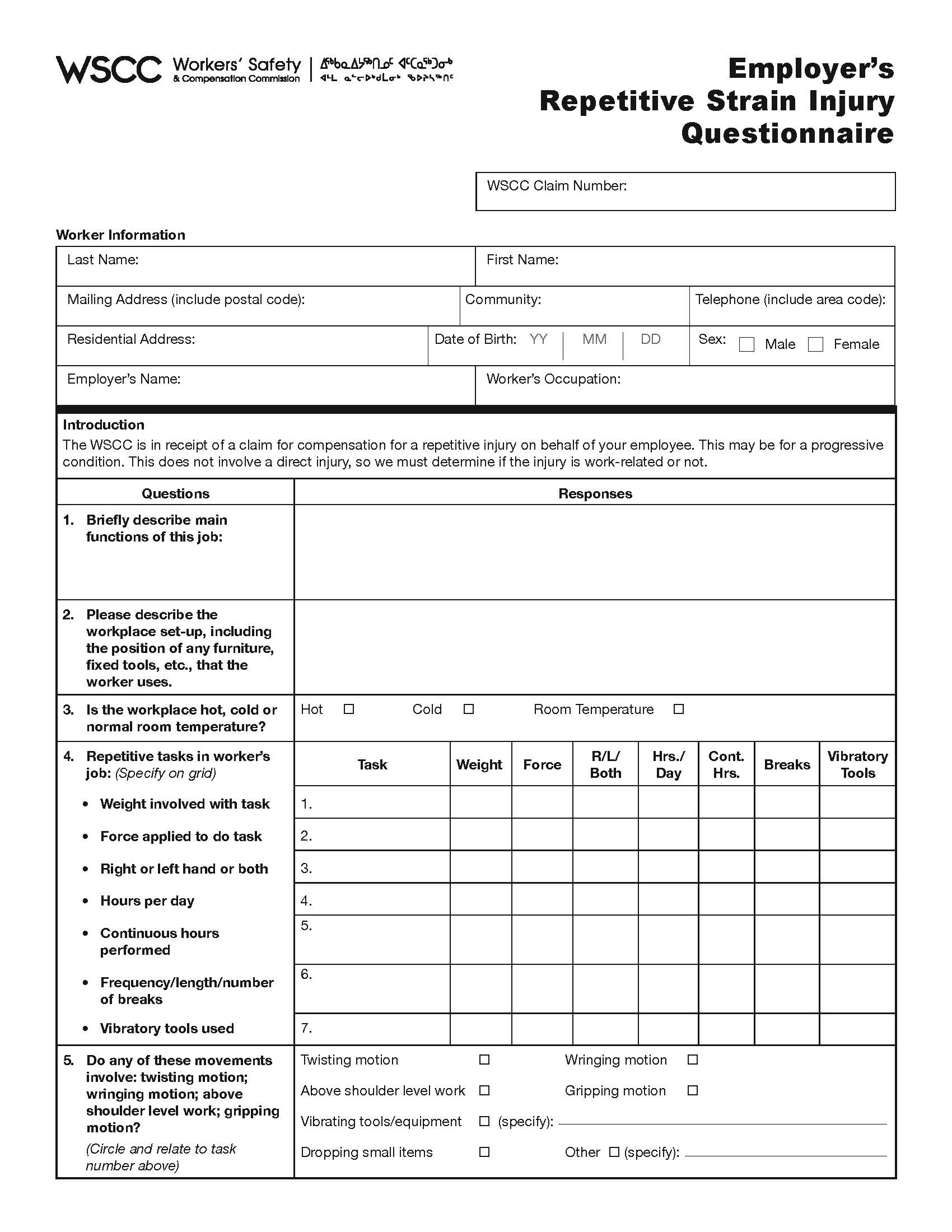 Employer's Repetitive Strain Questionnaire | WSCC | Workers' Safety and ...