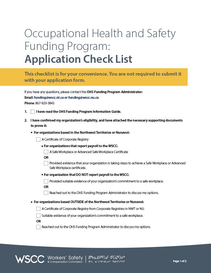 Occupational Health and Safety Funding Program: Application Check List | WSCC | Workers' Safety ...