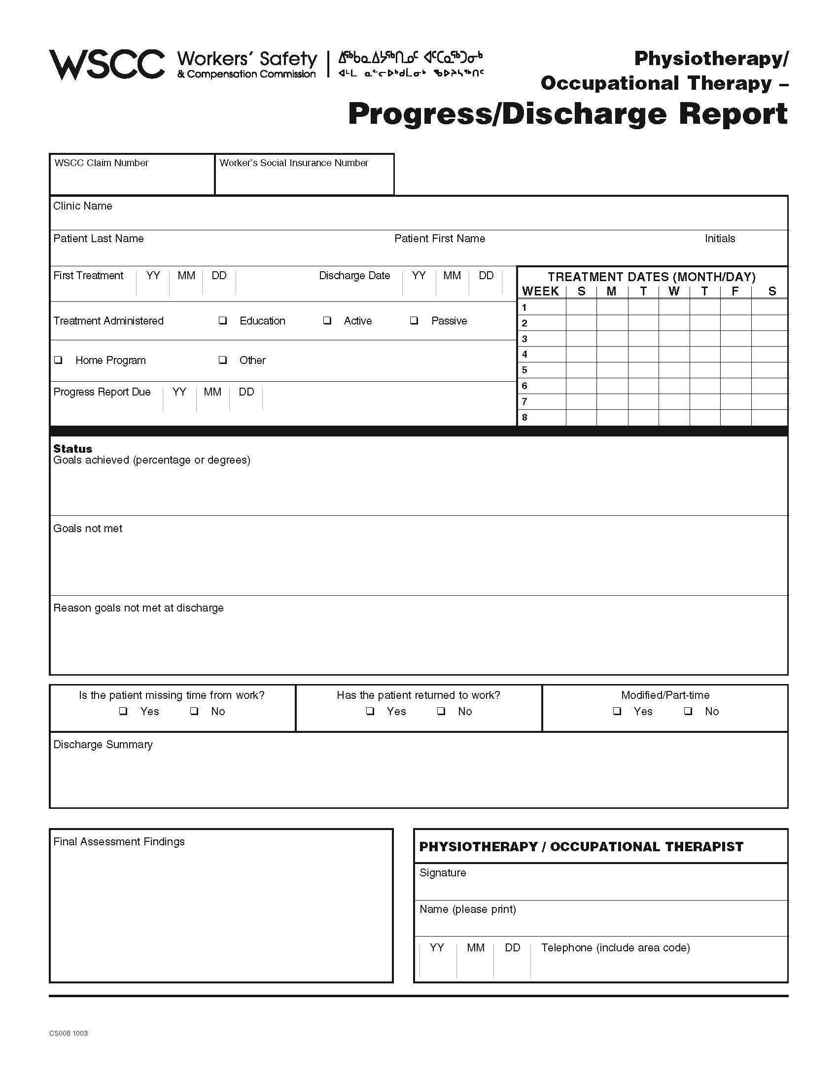 Physiotherapy/Occupational Therapy – Discharge Report | WSCC | Workers ...