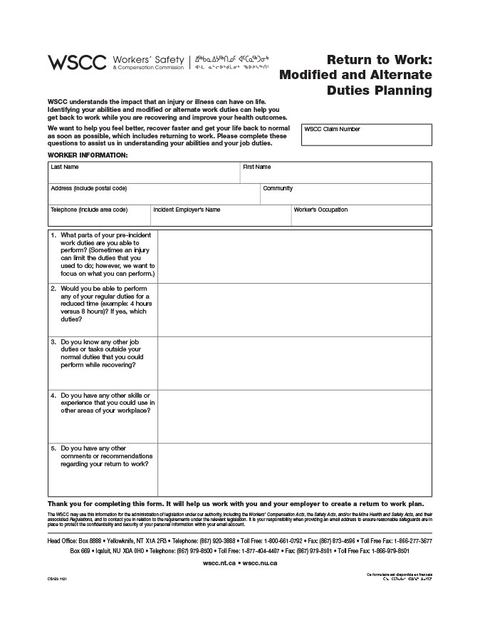 Return to Work: Modified and Alternate Duties Planning | WSCC | Workers ...